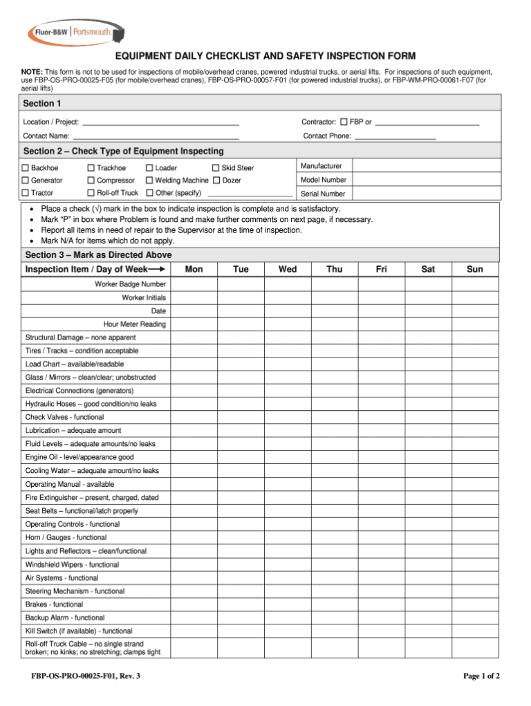 Equipment Inspection Fill Online Printable Fillable Blank PdfFiller Within Daily Equipment 